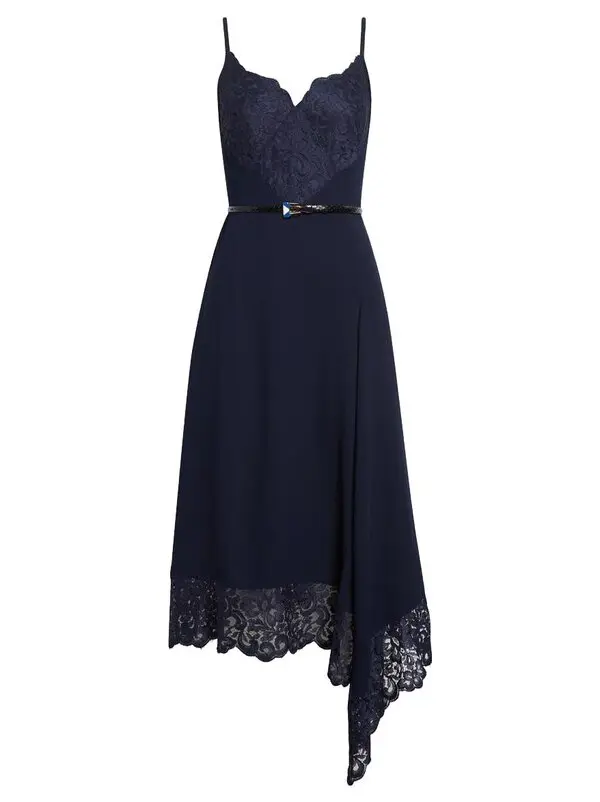 St. John Lace Trim Asymmetric Satin Back Crepe Dress - Midnight