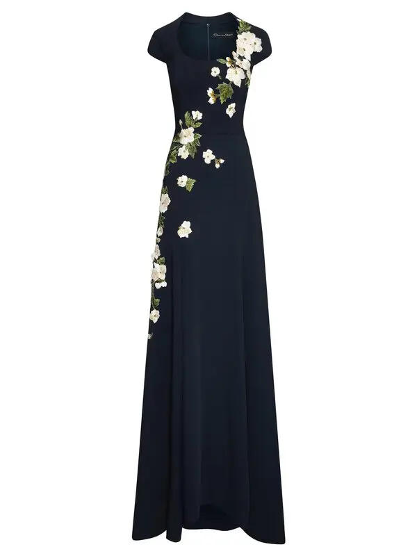 Oscar De La Renta Cherry Blossom Embroidered Gown - Blue