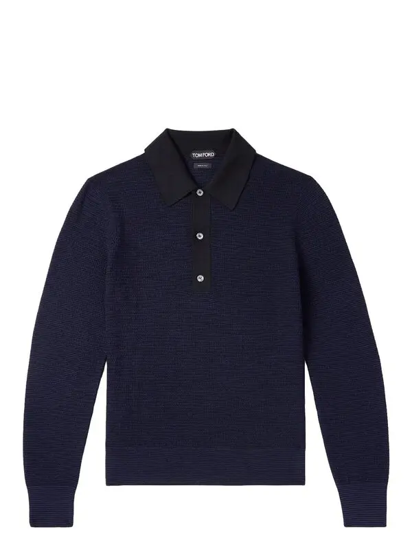 TOM FORD Slim-fit Waffle-knit Wool Polo Shirt - Blue