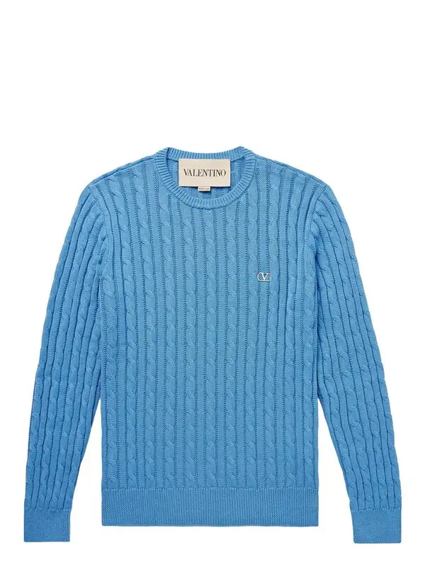 Valentino Garavani Slim-fit Vlogo Cable-knit Cotton Sweater - Blue