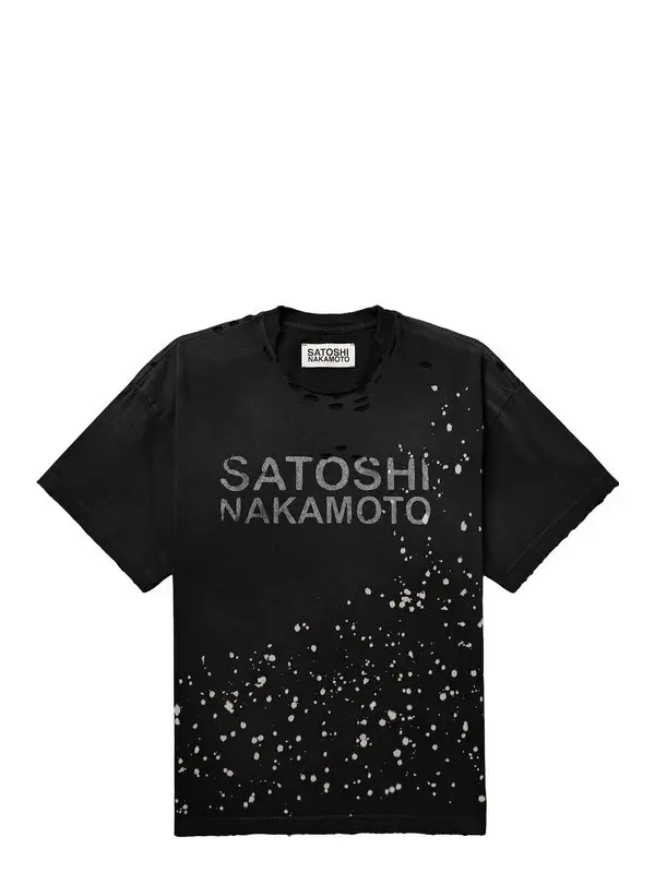 SATOSHI NAKAMOTO Luke Distressed Logo-print Cotton-jersey T-shirt - Black
