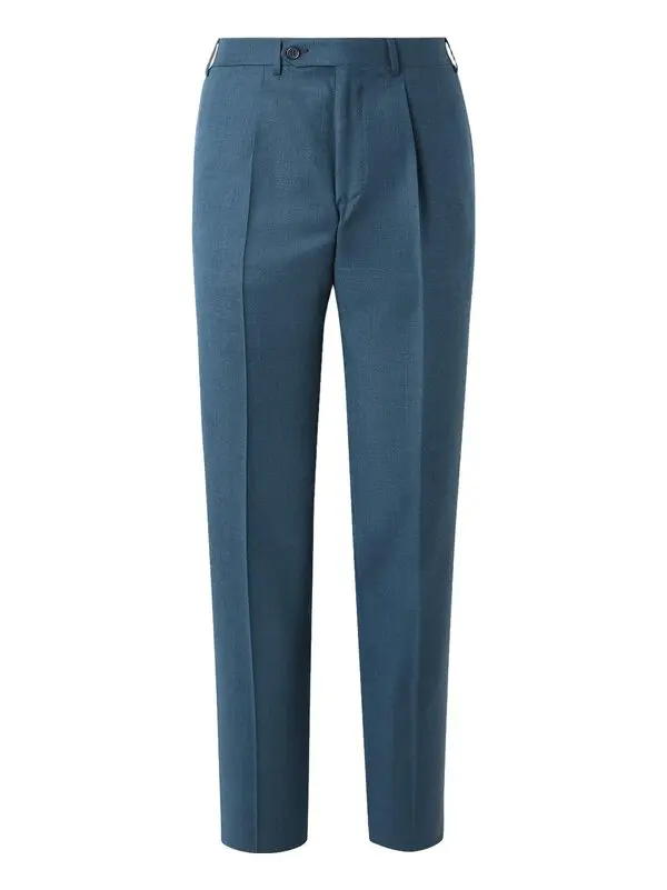 Canali Tapered Pleated Checked Wool Trousers - Blue