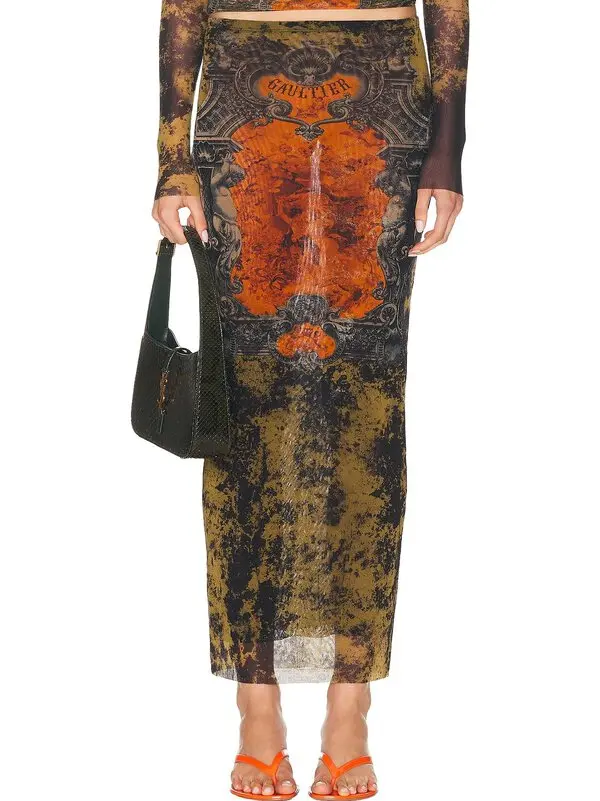 JEAN PAUL GAULTIER Médaillon Long Skirt - Black  Khaki  & Orange