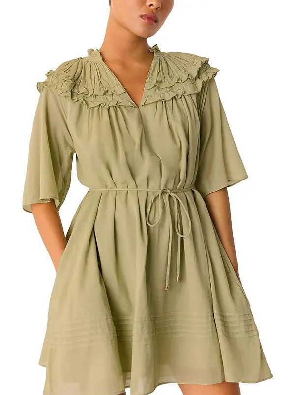 Whistles Petite Cotton Frill Mini Dress - Khaki