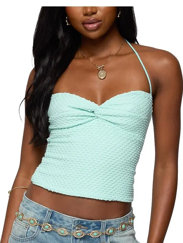 EDIKTED Twisted Textured Halter Top - Aqua