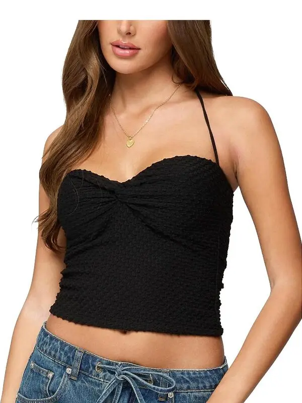 EDIKTED Twisted Textured Halter Top - Black