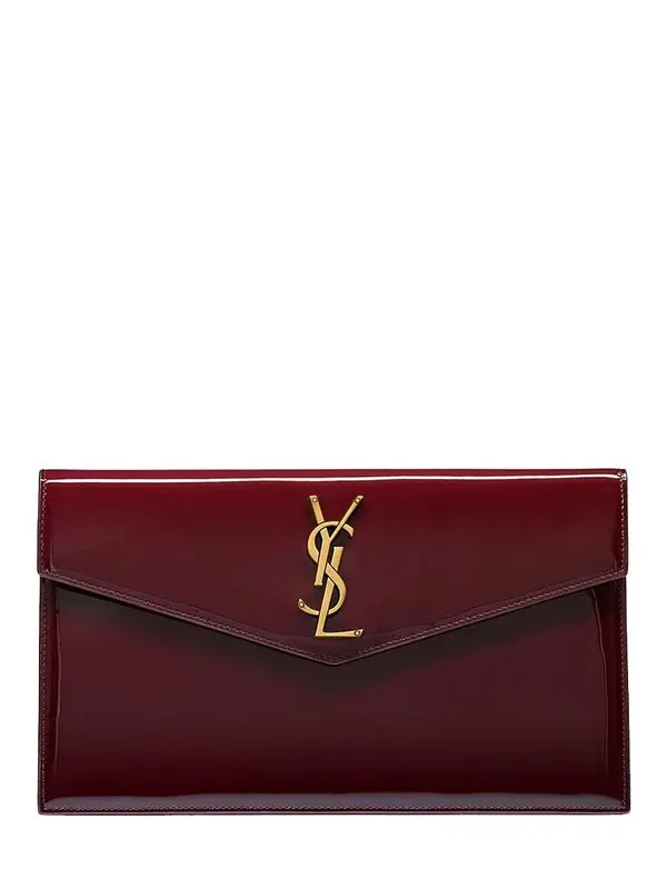 Saint Laurent Uptown Clutch In Patent Leather - Dark Red Wine Patent/gold