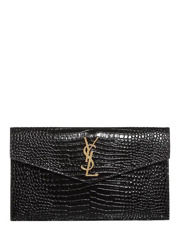 Saint Laurent Uptown Croc-embossed Leather Clutch - Black Croc/gold