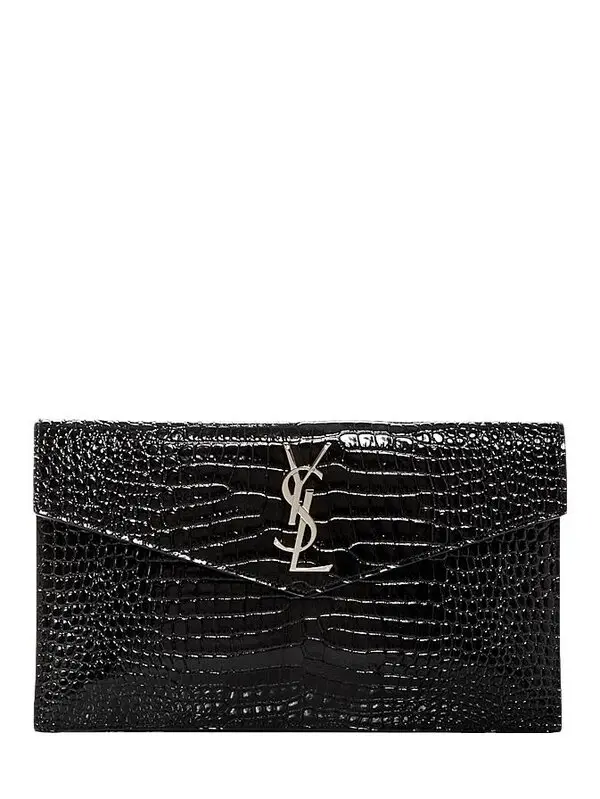 Saint Laurent Uptown Croc-embossed Leather Clutch - Black Croc/silver
