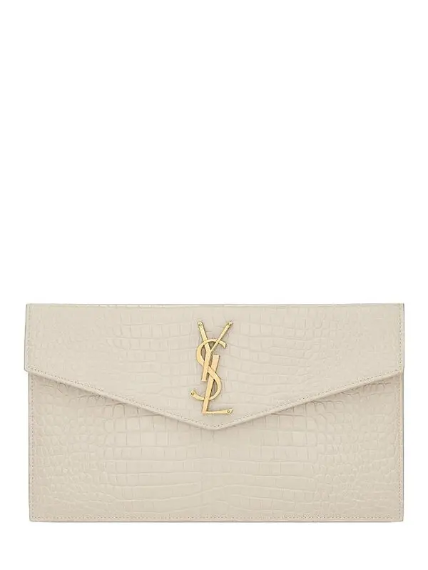 Saint Laurent Uptown Croc-embossed Leather Clutch - Blanc Croc/gold