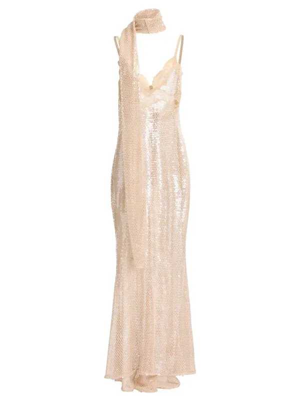 Elie Saab Sequin Mesh Maxi Dress - Nude