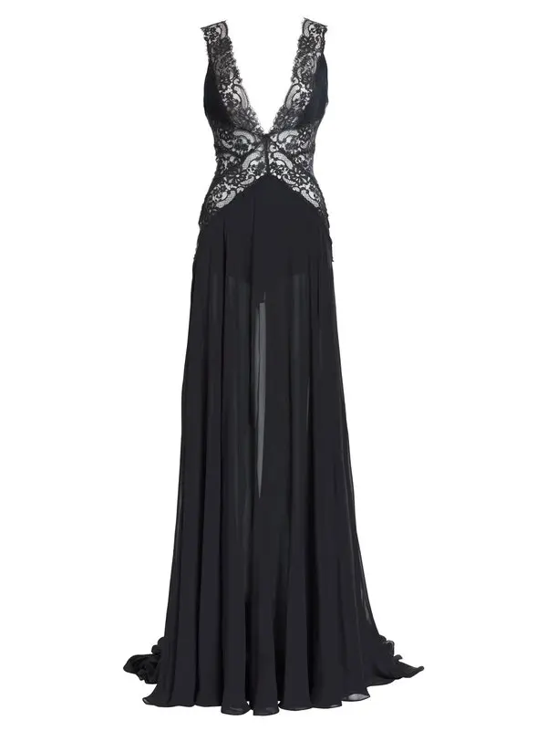 Elie Saab Double Georgette & Lace Long Dress - Black