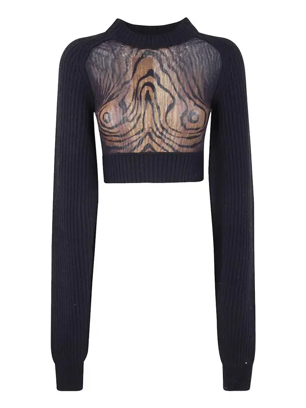 Jean Paul Gaultier Ribbed Lambswool Cropped Sweater - Black