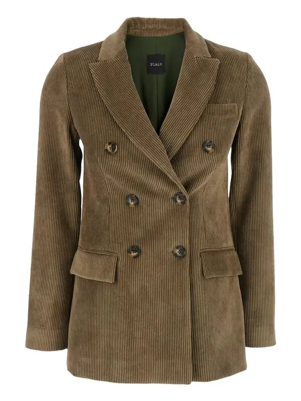 PLAIN Double-breasted Jacket In Ribbed Velvet With Peak Lapels - Green