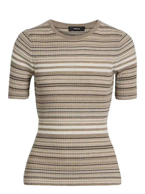 Theory Striped Ribbed Merino Wool Top - Mushroom