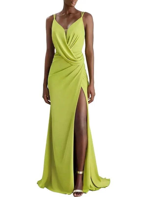 PRONOVIAS Drape V-neck Split-leg Maxi Dress - Green