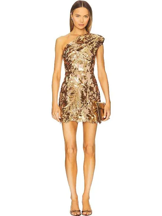 BRONX AND BRONCO Tokyo One Shoulder Mini Dress - Gold Multi