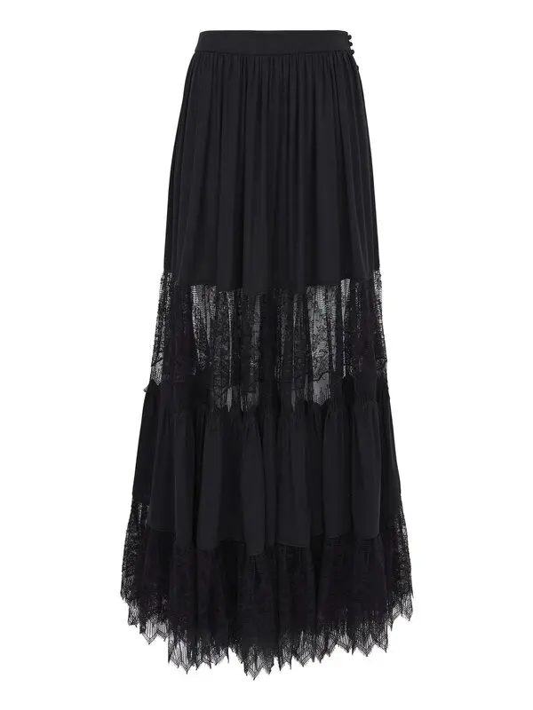 Chloé Tiered Long Skirt In Silk Georgette And Lace - Black