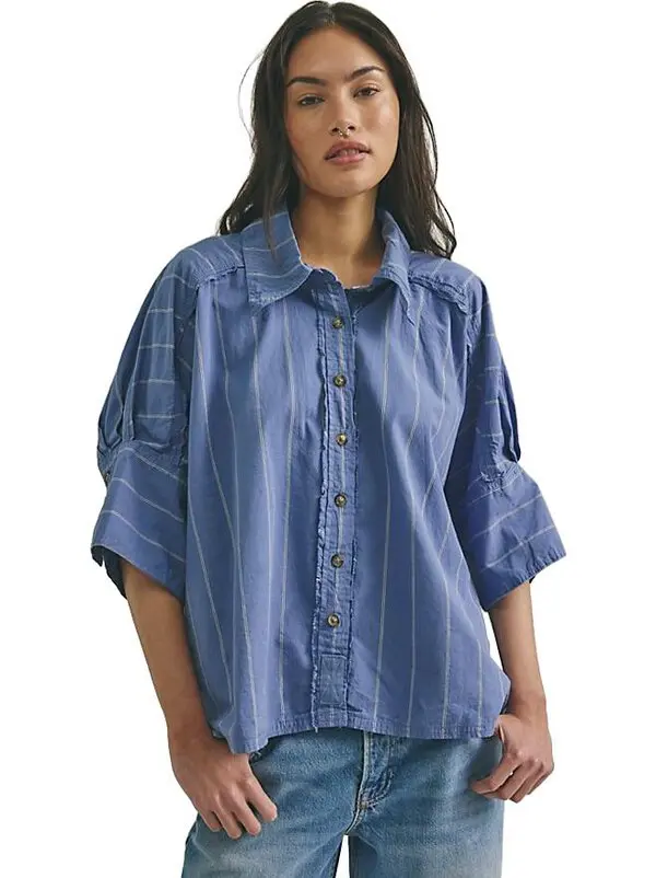 Free People Seaside Cotton Stripe Shirt - Blue Combo