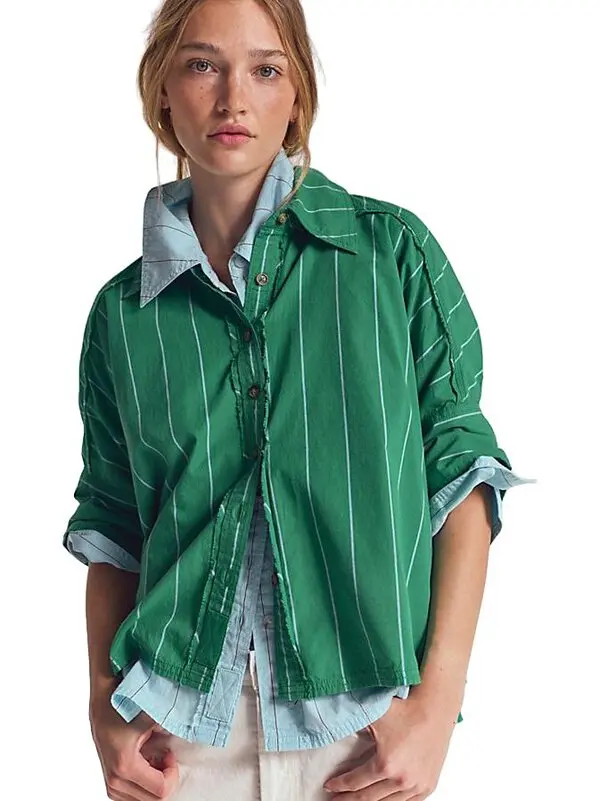 Free People We The Free Seaside Cotton Stripe Shirt - Green Combo