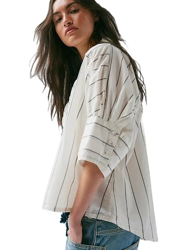 Free People We The Free Seaside Cotton Stripe Shirt - Ivory Combo
