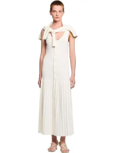 Sandro Rib Knit Maxi Dress With Pleated Skirt - Neutral / White