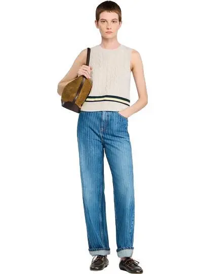 Sandro Wide-leg Faded Denim Jeans With Vertical Stripes - Blue / Navy