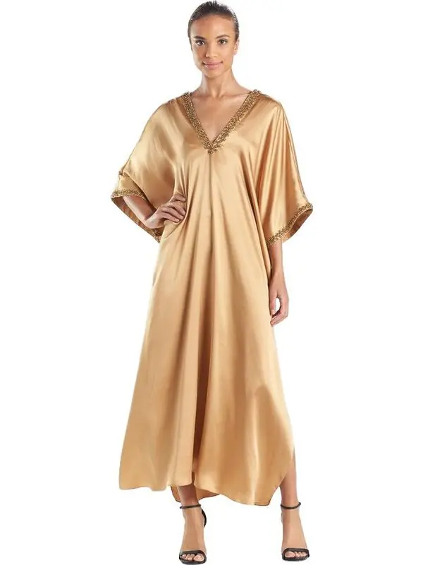 Natori Embellished Silk Caftan - Gold