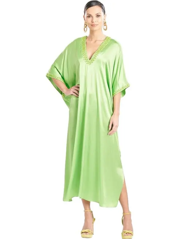 Natori Embellished Silk Caftan - Yellow