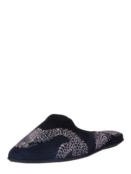 Natori Suede Dragon Embroidery Slides - Black