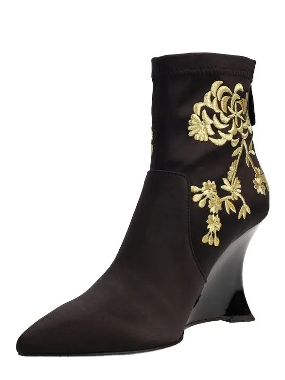 Natori Neko Satin Embroidery Wedge Ankle Boot - Black