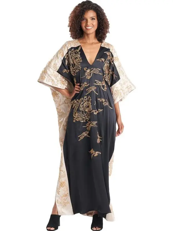 Natori Couture Dragon Embroidered Cocoon Silk Caftan - Black