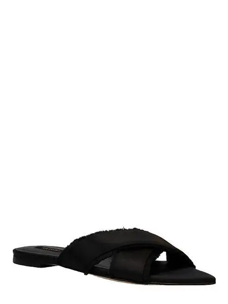 Natori Wayu Satin Fringe Cross Slide Sandals - Black
