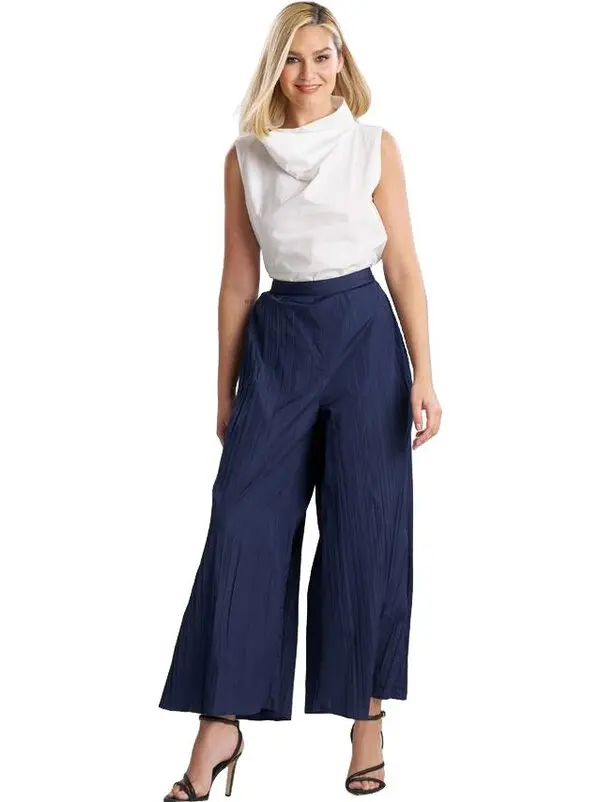 Natori Taffeta Plisse Wide Leg Pants - Navy / Blue