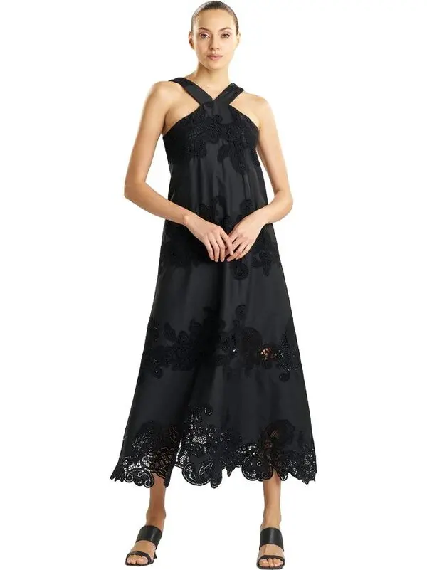 Natori Madeira Cutwork Embroidered Halter Dress - Black