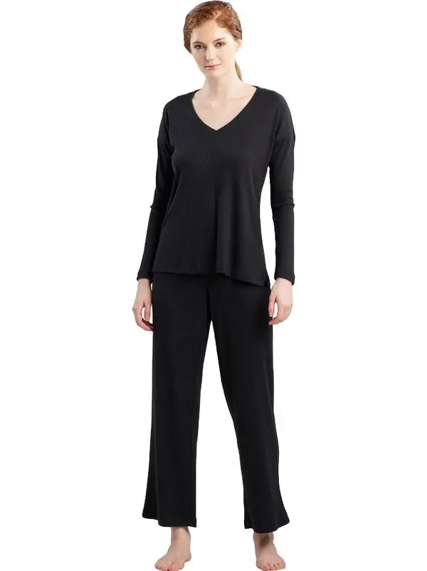 Natori Eden Rib Knit V-neck Top - Black