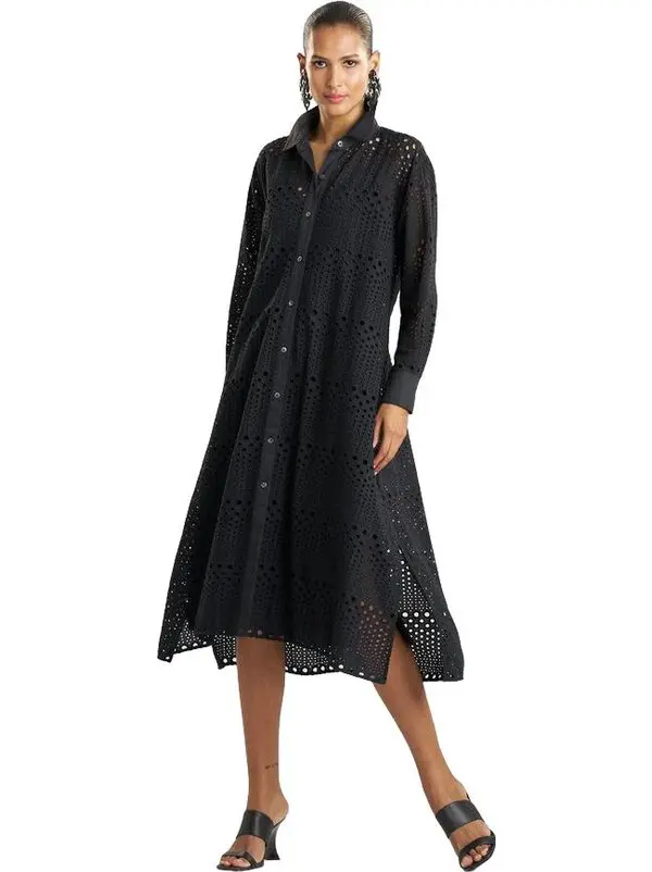 Natori Round Eyelet Oversized Shirtdress - Black
