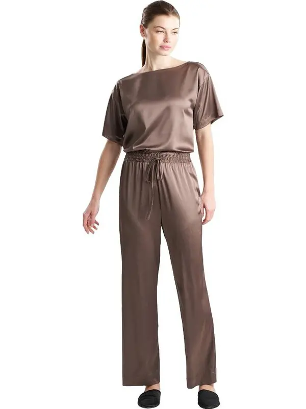 Natori Straight Leg Stretch Satin Pants - Brown