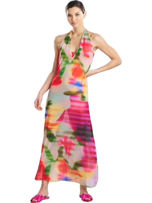 Natori Floral Mirage Halter Dress - Stripe