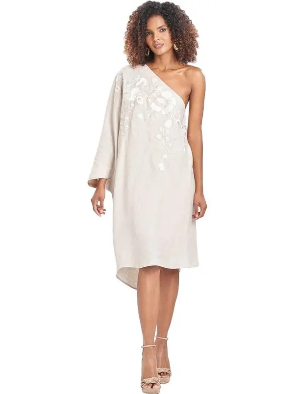 Natori Linen One-shoulder Embroidered Tunic - Neutral
