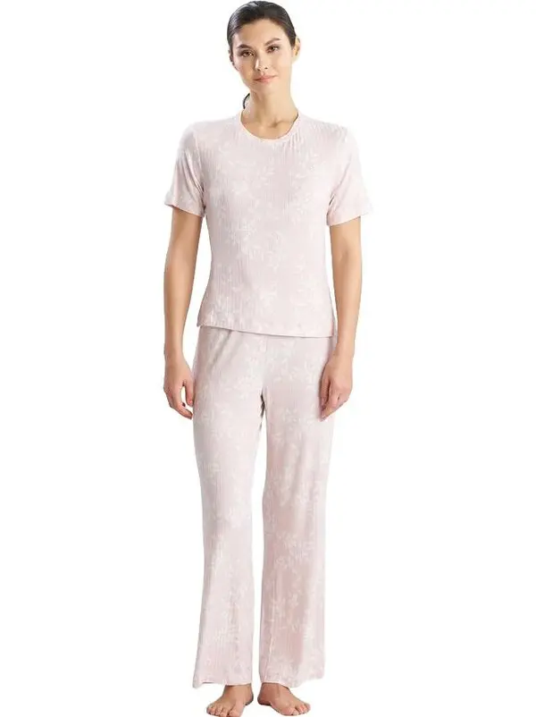 Natori Aria Printed Rib Knit Pajama Set - Pink