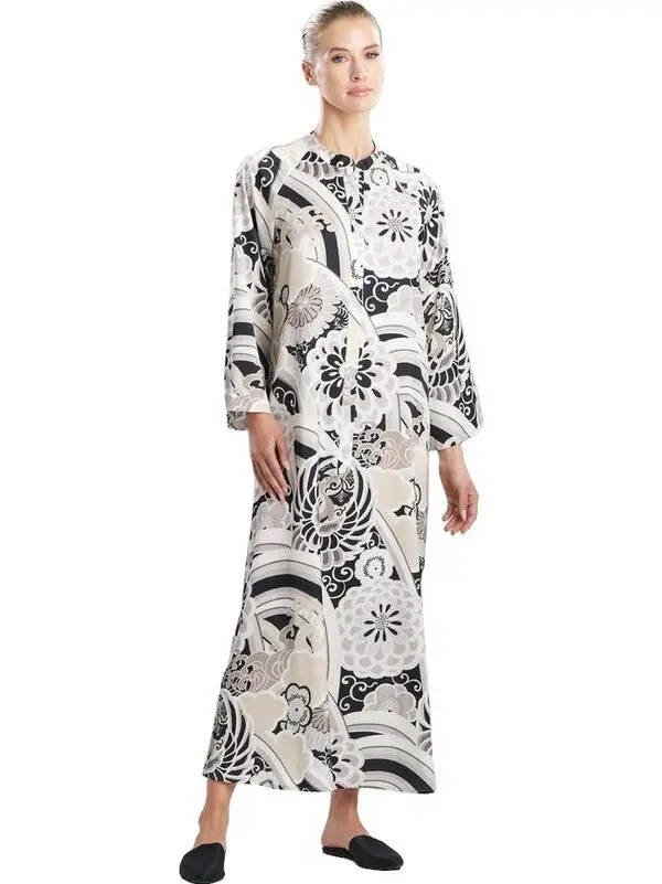 Natori Medallion Print Zip Caftan - Black