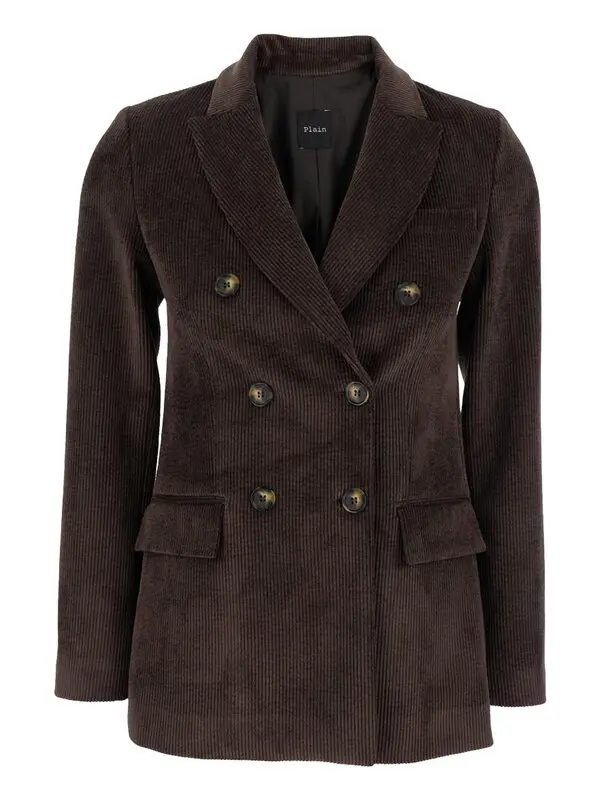PLAIN Ribbed Velvet Double-breasted Jacket - Brown