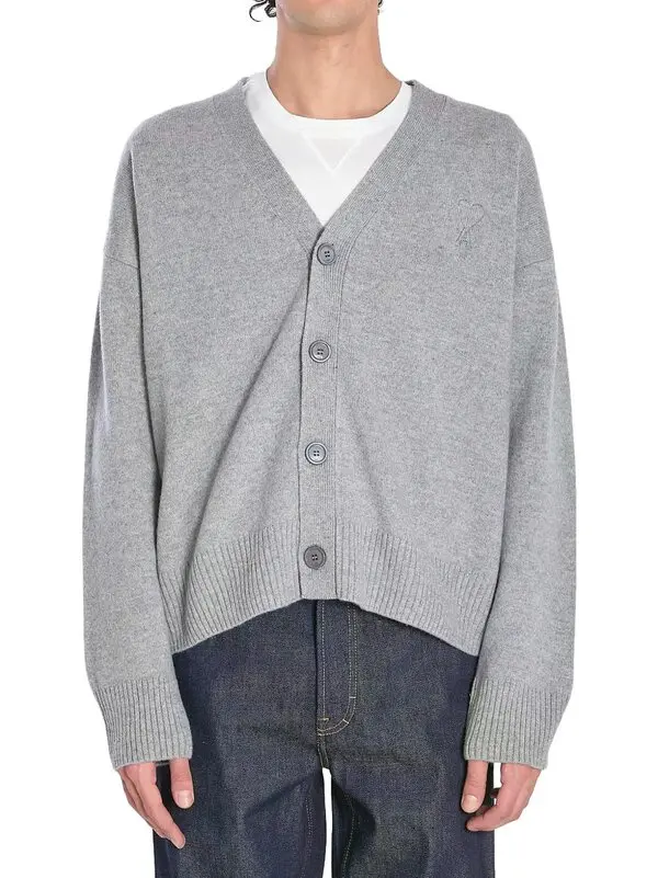 Ami Embroidered-logo Button Cardigan - Grey