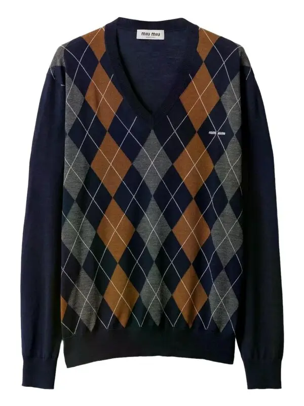 Miu Miu Argyle V-neck Wool Sweater - Blue