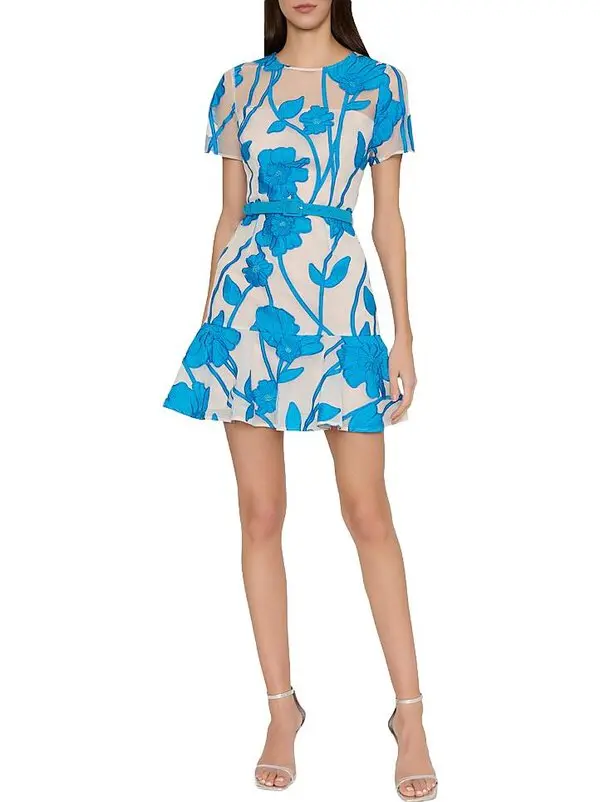MILLY Rosie Floral Belted Flare Dress - Blue