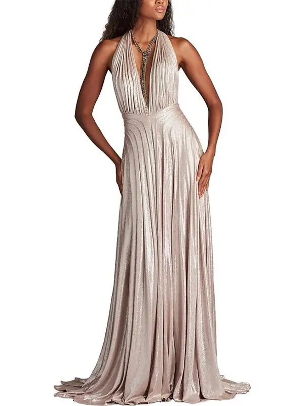 Tadashi Shoji Zarelle Pleated Metallic Halter Gown - Grey