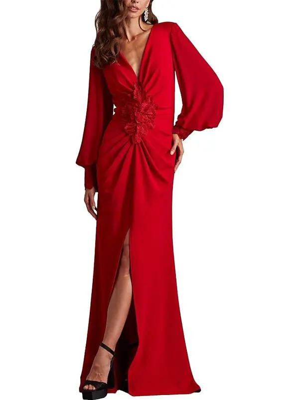 Tadashi Shoji Sahana Bishop Sleeve Plunge Gown - Red