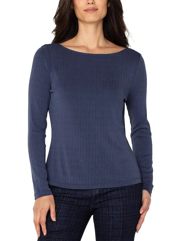 LIVERPOOL Boat Neck Long Sleeve Top - Washed Navy