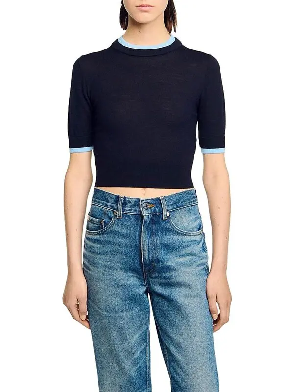 Sandro Two Tone Cropped Short Sleeve Sweater - Navy Blue